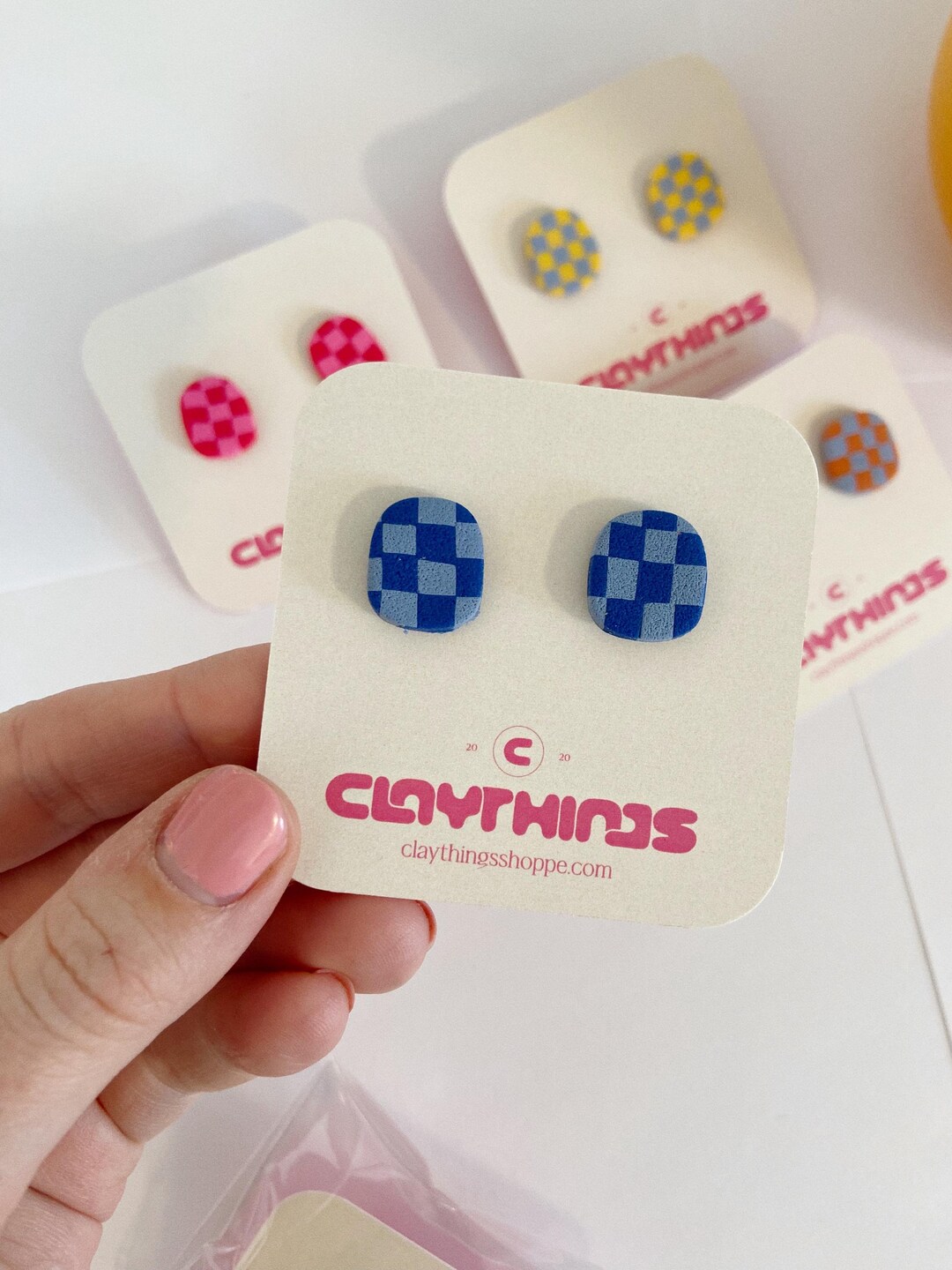 Blue Checkerboard Polymer Clay Stud Earrings: Hypoallergenic Statement ...