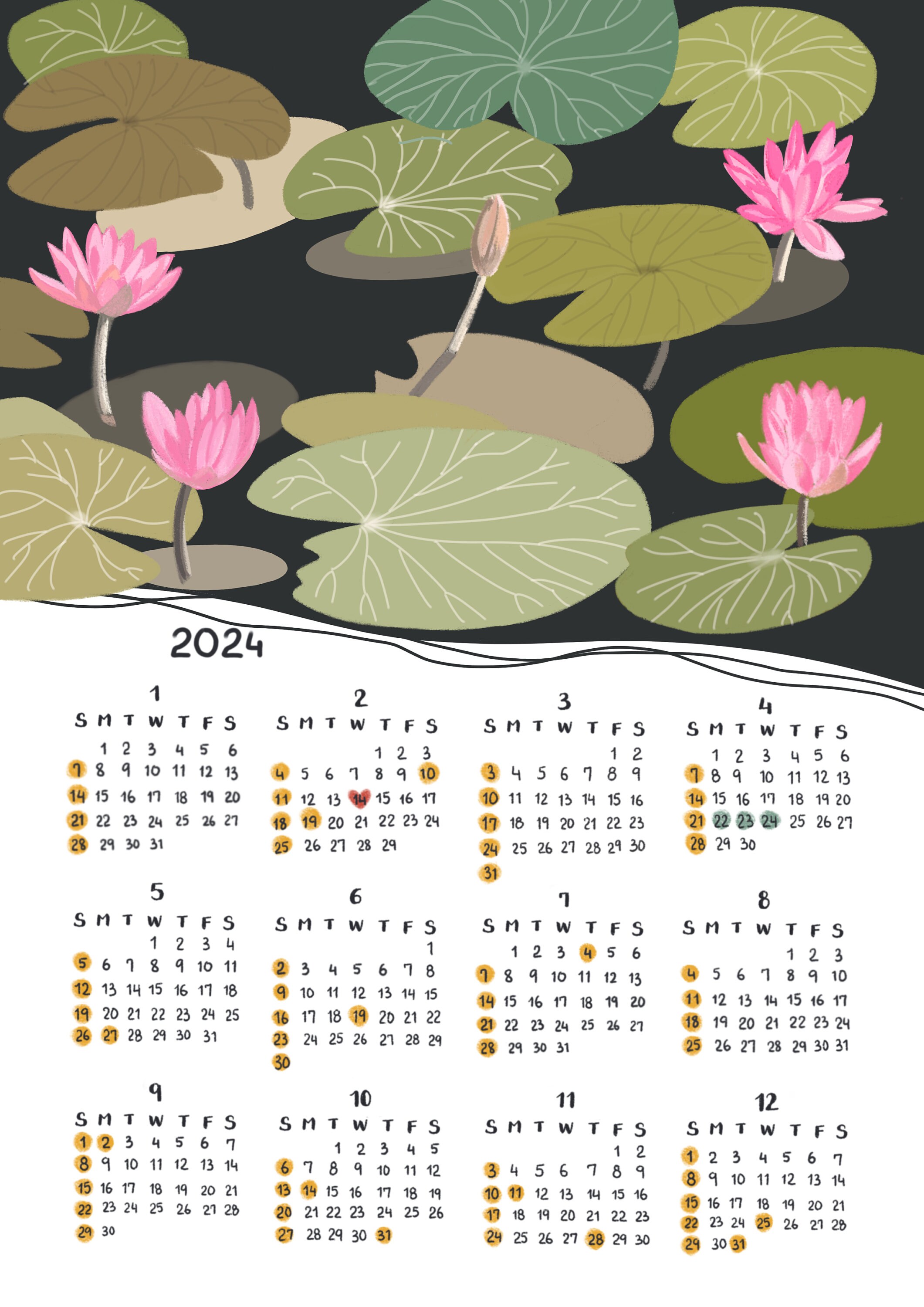 Printable 2024 Calendar lotus Lake Theme - Etsy