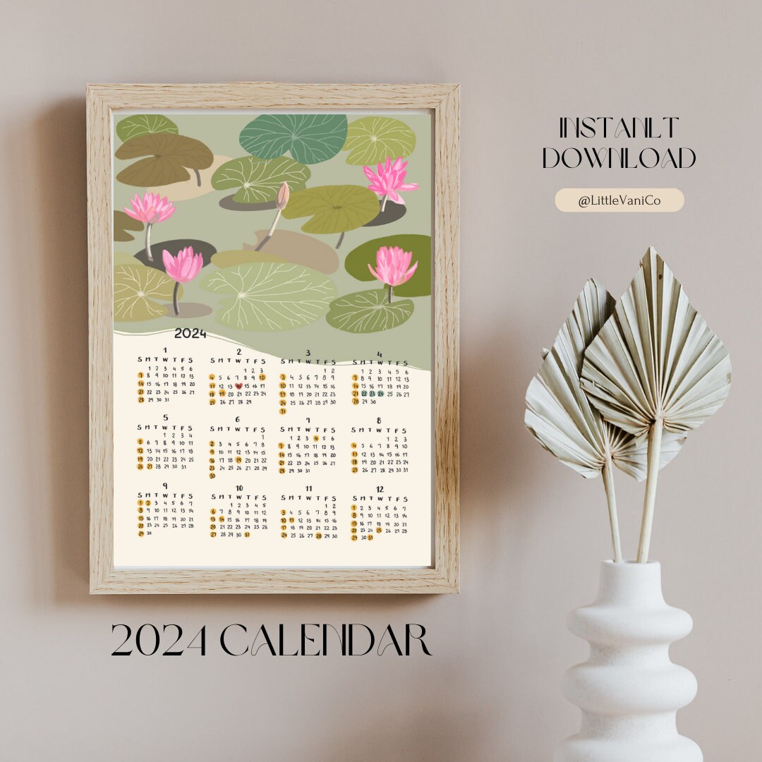 Printable 2024 Calendar lotus Lake Theme - Etsy