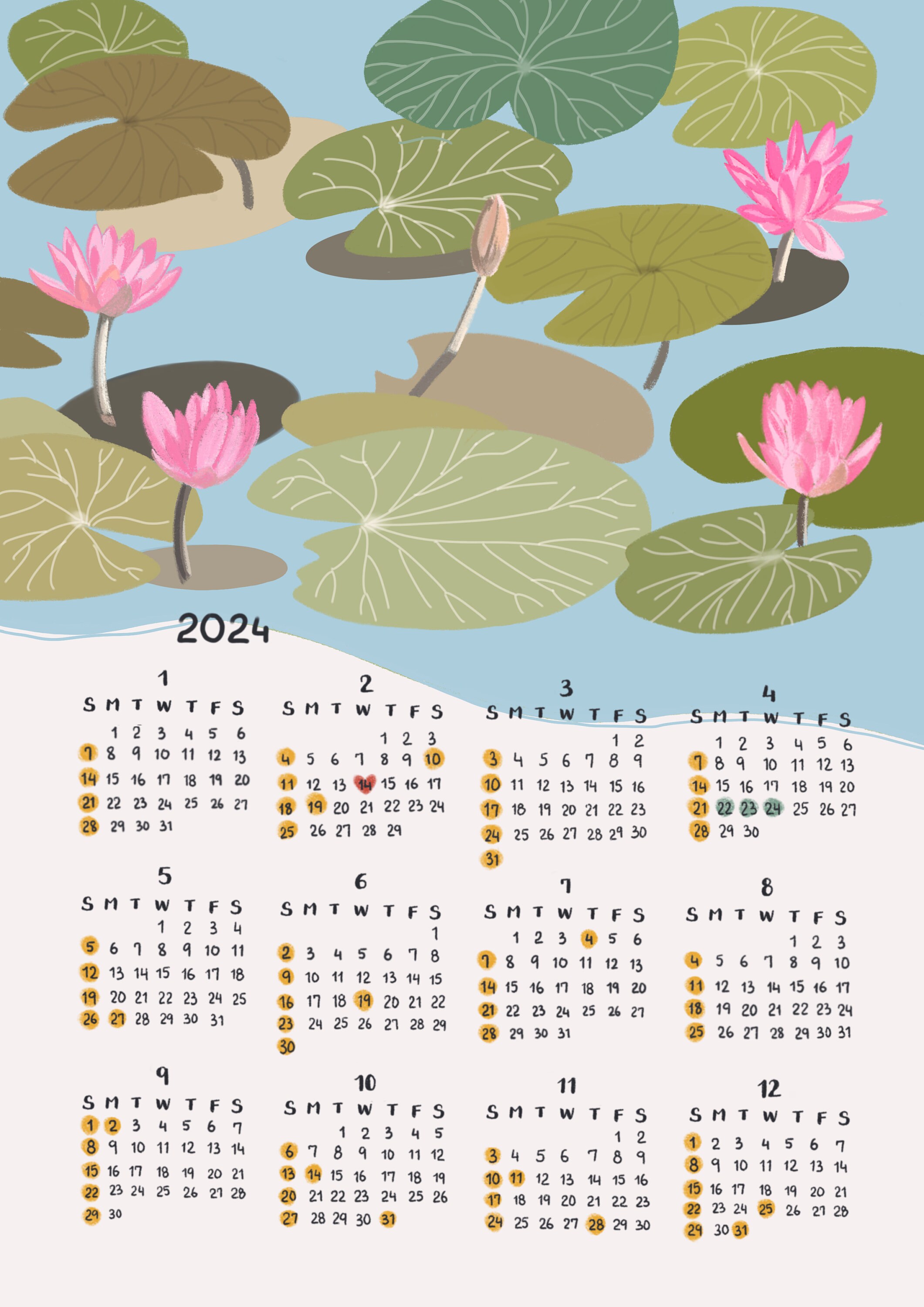 Printable 2024 Calendar lotus Lake Theme - Etsy