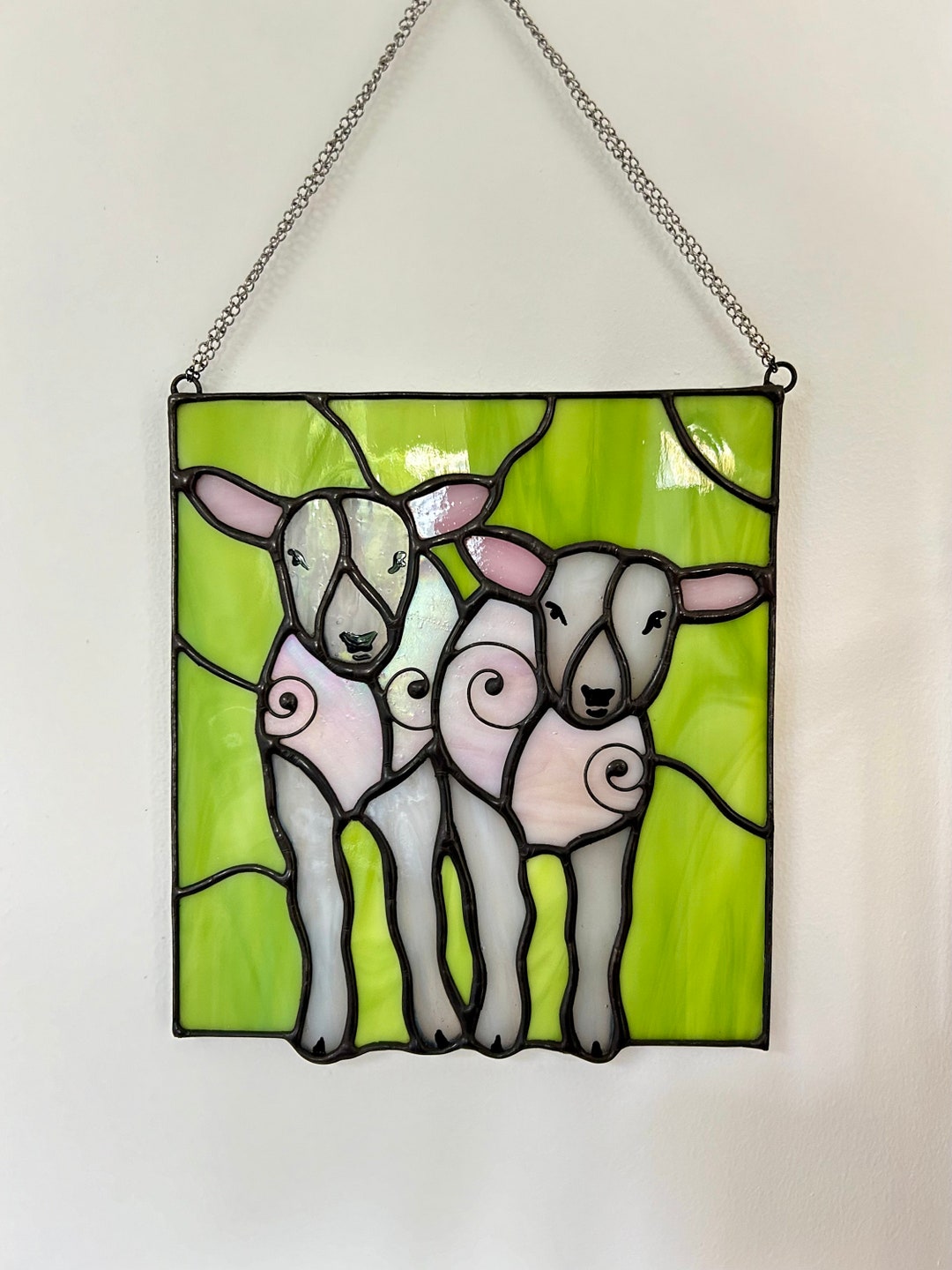 Spring Lambs Stained Glass Panel. Measuring Approximately 17.5 X 18.5cm ...