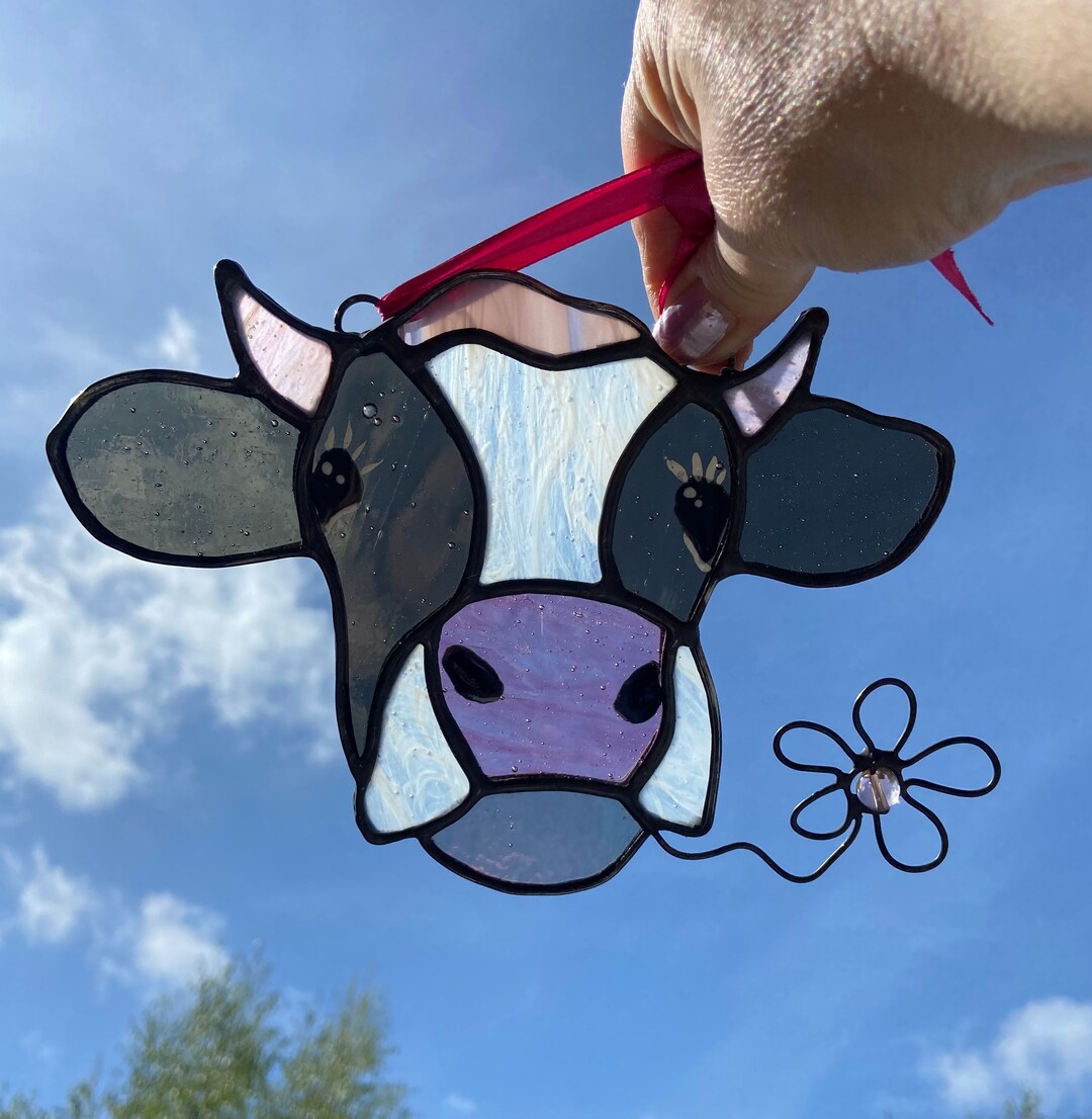Handmade Stained Glass Cow Face, Measures Approx 14 X 19cm black/white ...