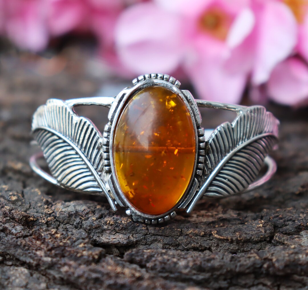 Stunning Amber Bangle, Leaf Silver Three Band Bangle, Natural Amber ...