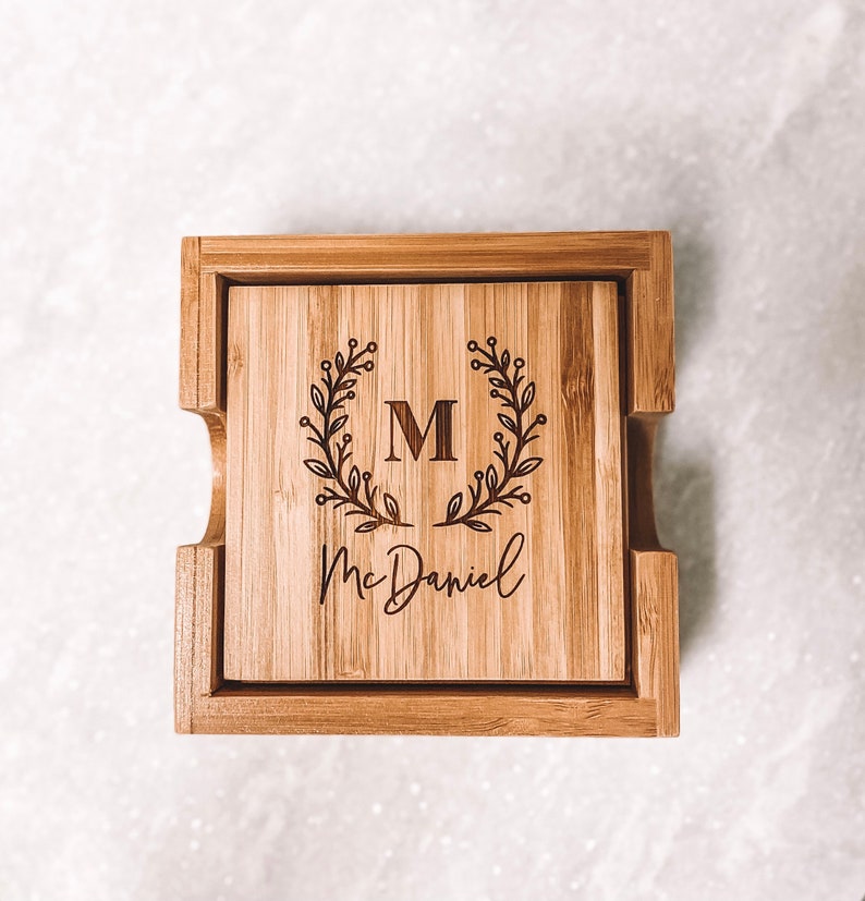 Engraved Bamboo Coaster Set With Holder, Monogrammed Gift - Etsy