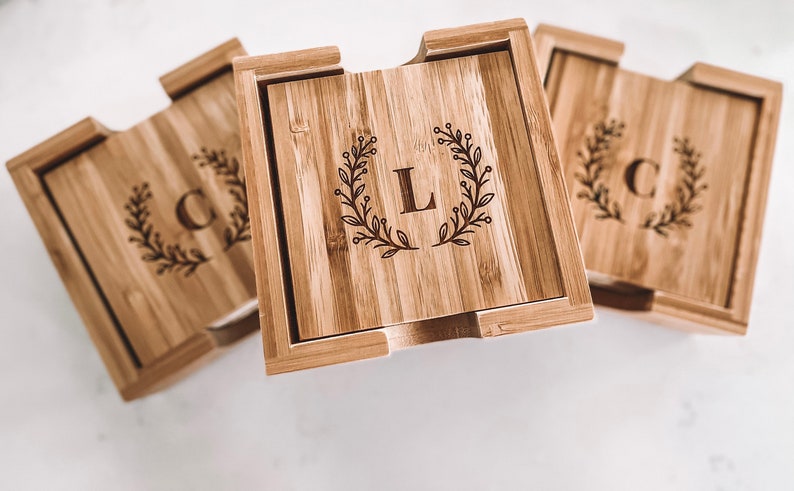 Engraved Bamboo Coaster Set With Holder, Monogrammed Gift - Etsy