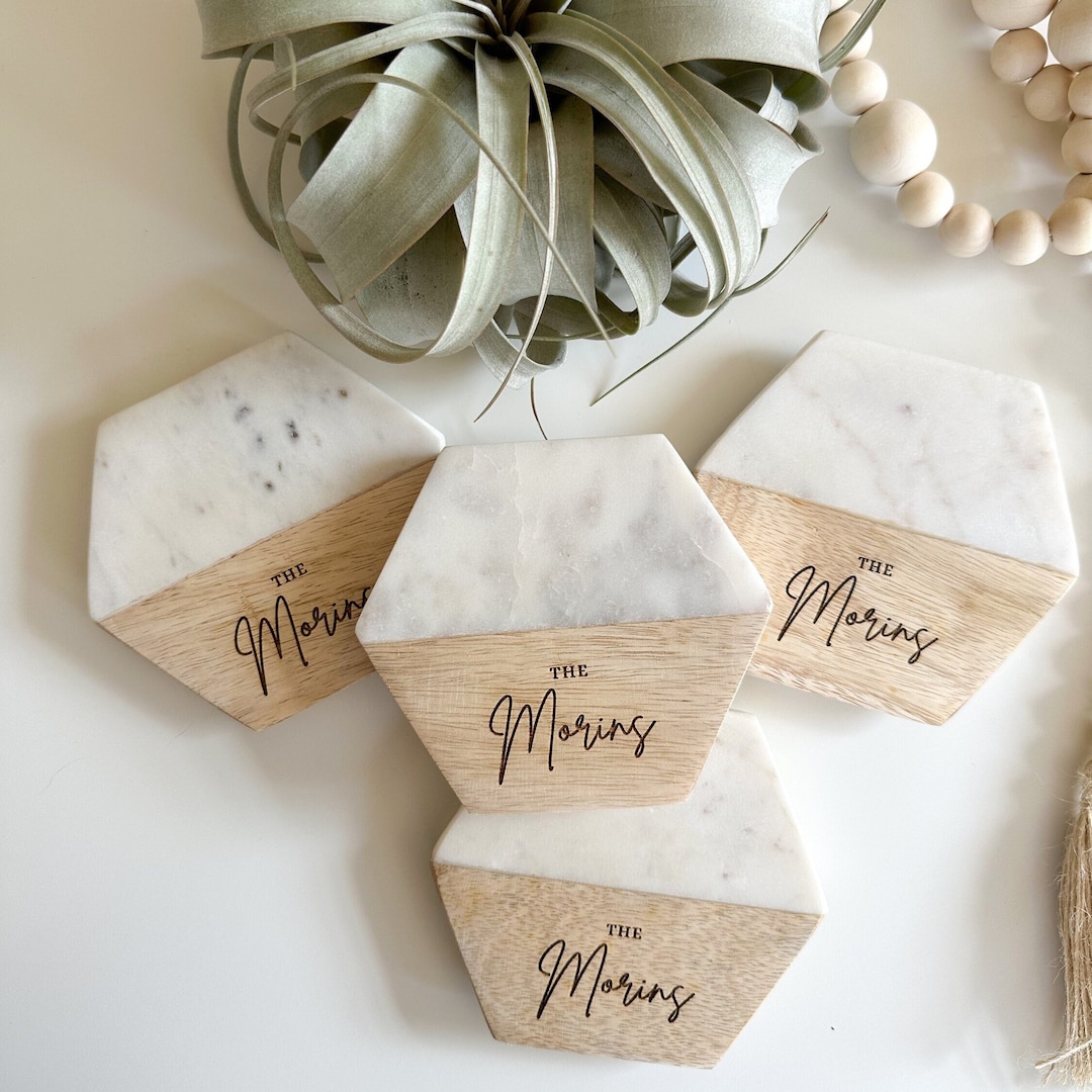 Set of 4 Coasters, Marble and Wood Coaster Set, Housewarming Gift ...