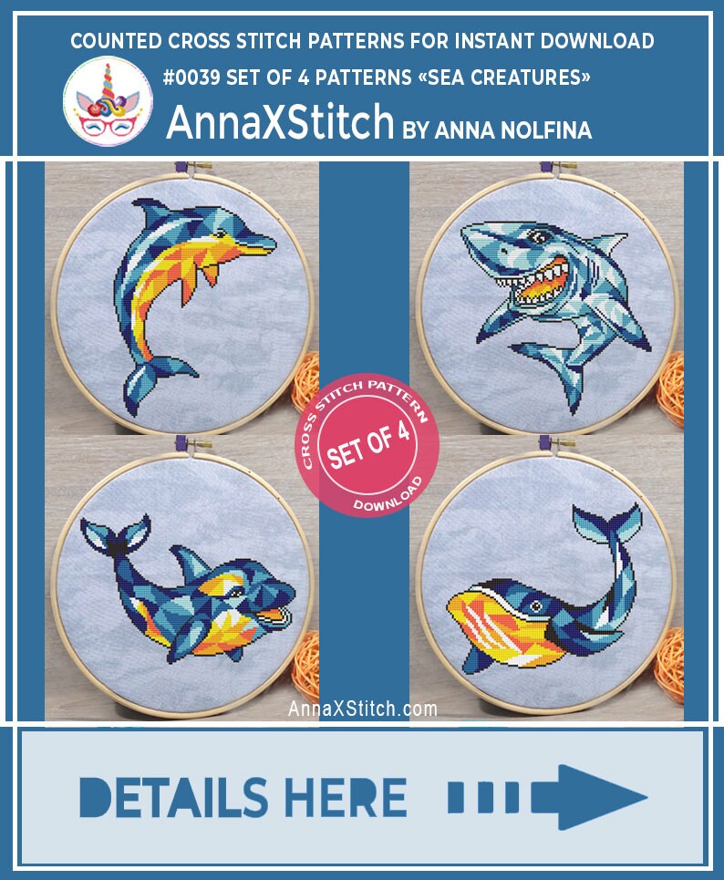 Set of 4 Ocean Animals: Dolphin Shark Orca Whale Cross - Etsy