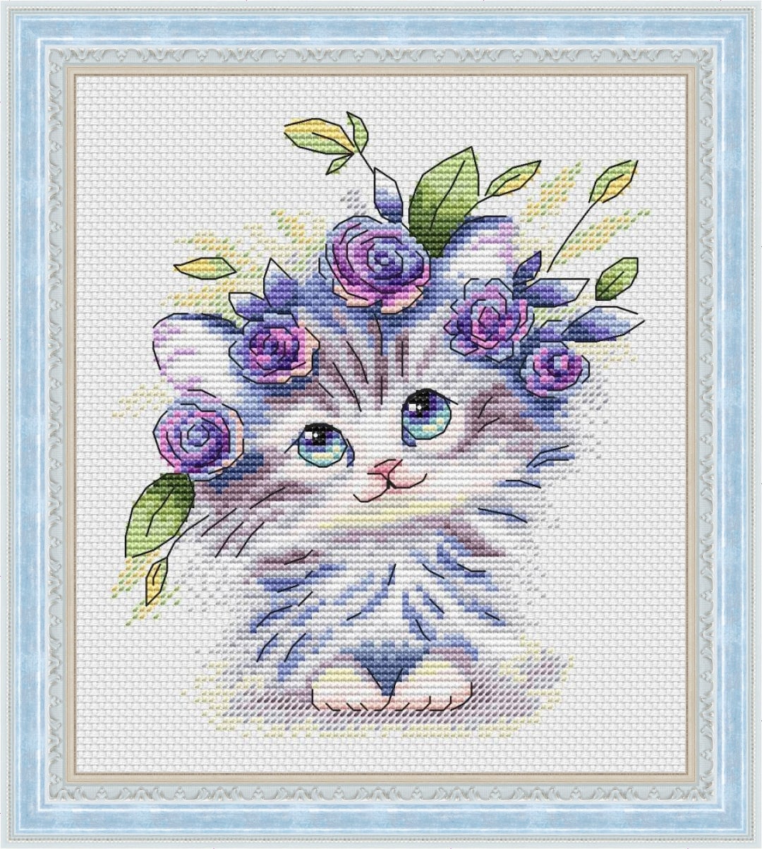 Kitty Cross Stitch Embroidery Cat Embroidery Flower Cross Stitch Cat ...