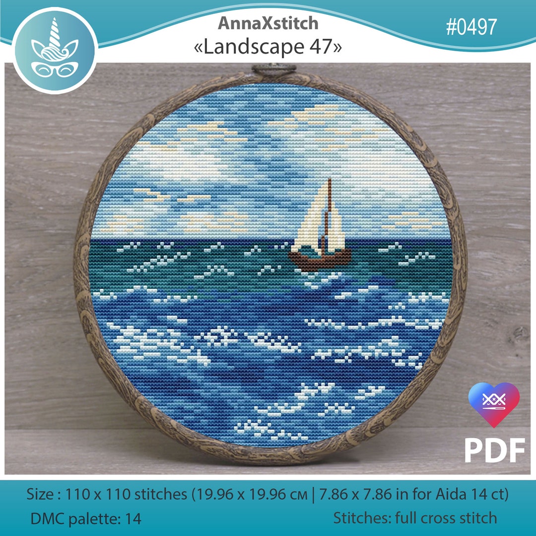 Seascape Counted Cross Stitch Pattern Pdf. Sailboat Cross Stitch. Ocean ...