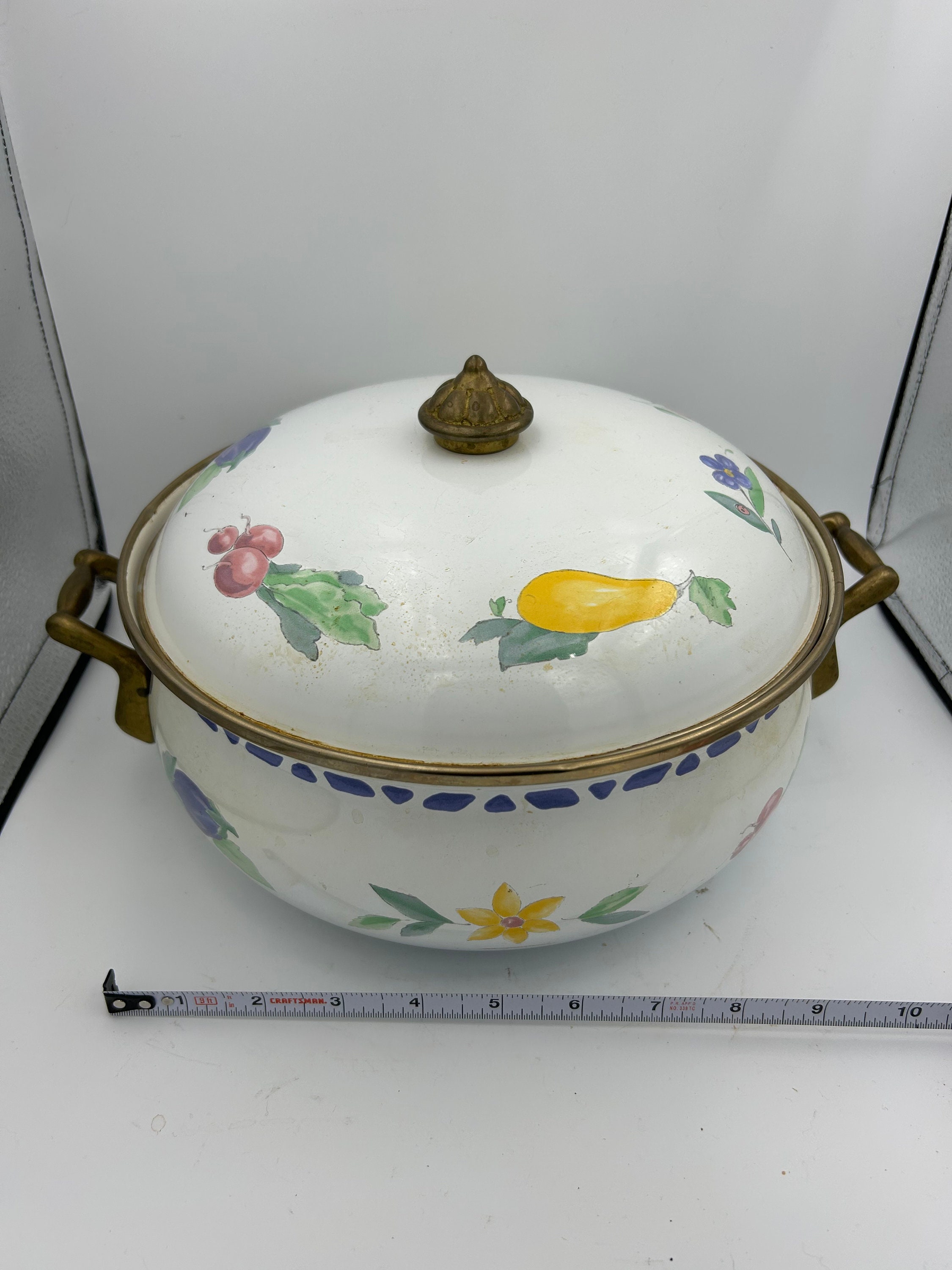 Large Vintage Enamel Pot Brass Handles Painted Flower Design - Etsy