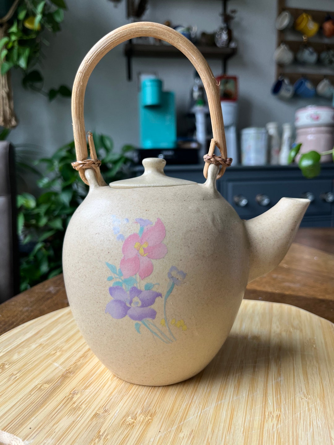 Lovely Stoneware Teapot Pastels and Wooden Handle - Etsy
