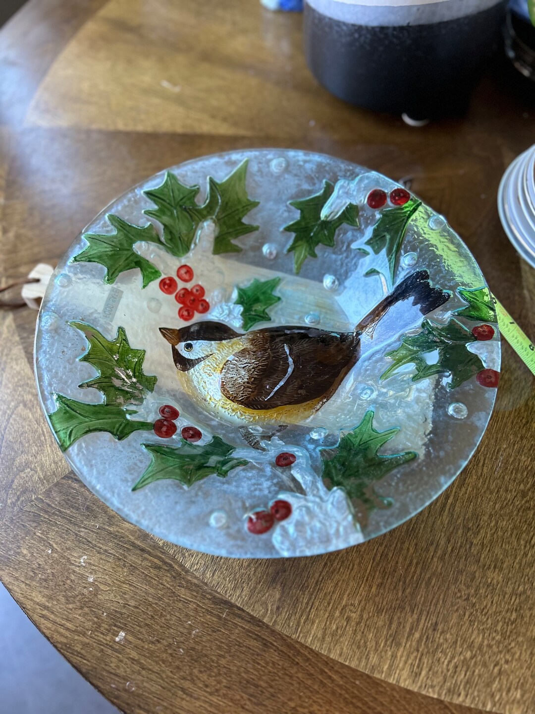 Beautiful Large Glass Hand Painted Winter Bird Scene on Shallow Bowl ...