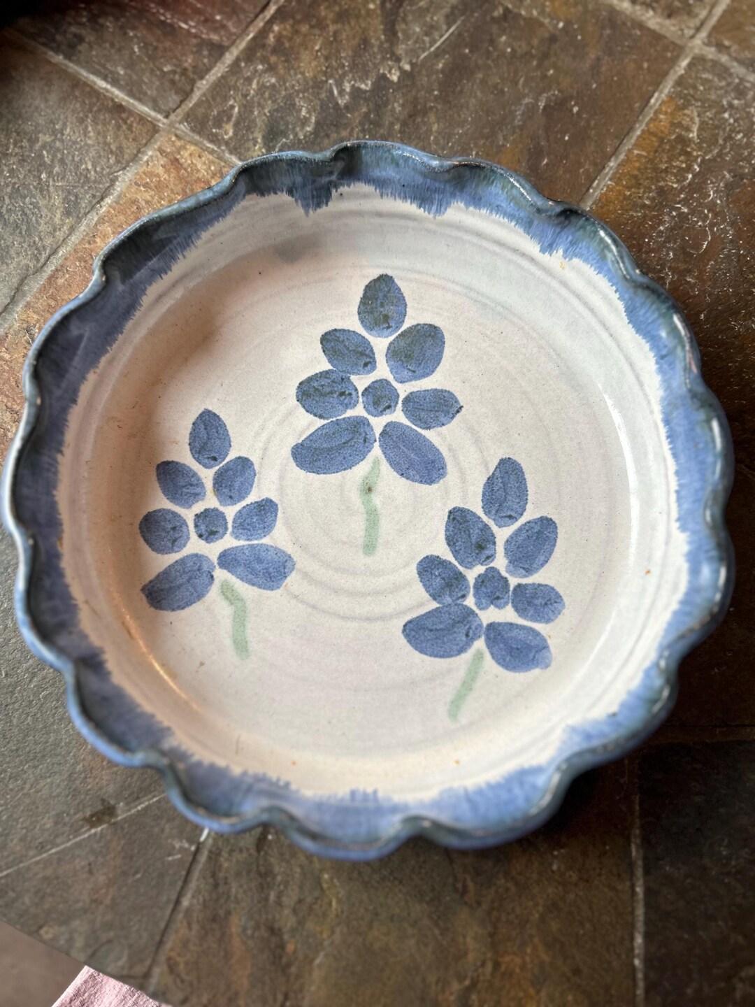 Vintage Handmade Pottery Pie Dish Blue Bonnets Hand Painted - Etsy