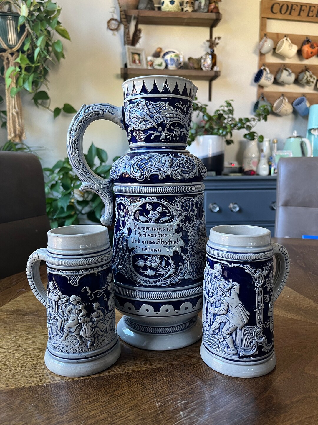 Vintage Jacob Thewalt Blue Stoneware 2 Liter Pitcher and 2 Matching ...
