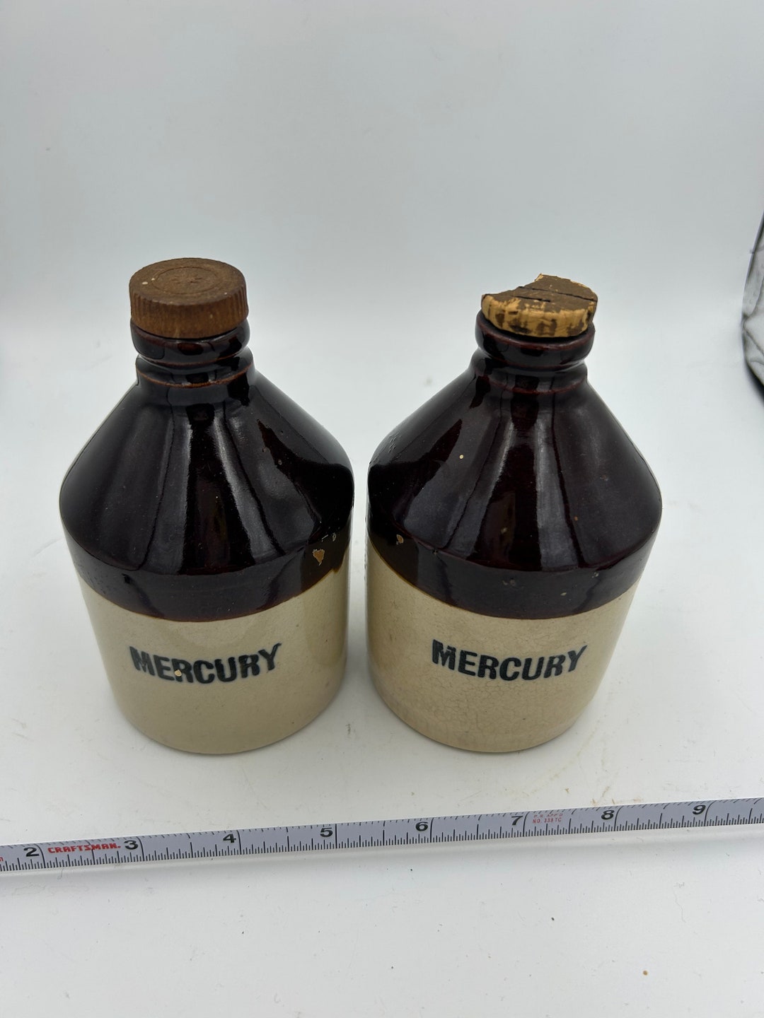 Two Vintage Apothecary Jugs Stoneware Crocks Mercury Cork Lids - Etsy