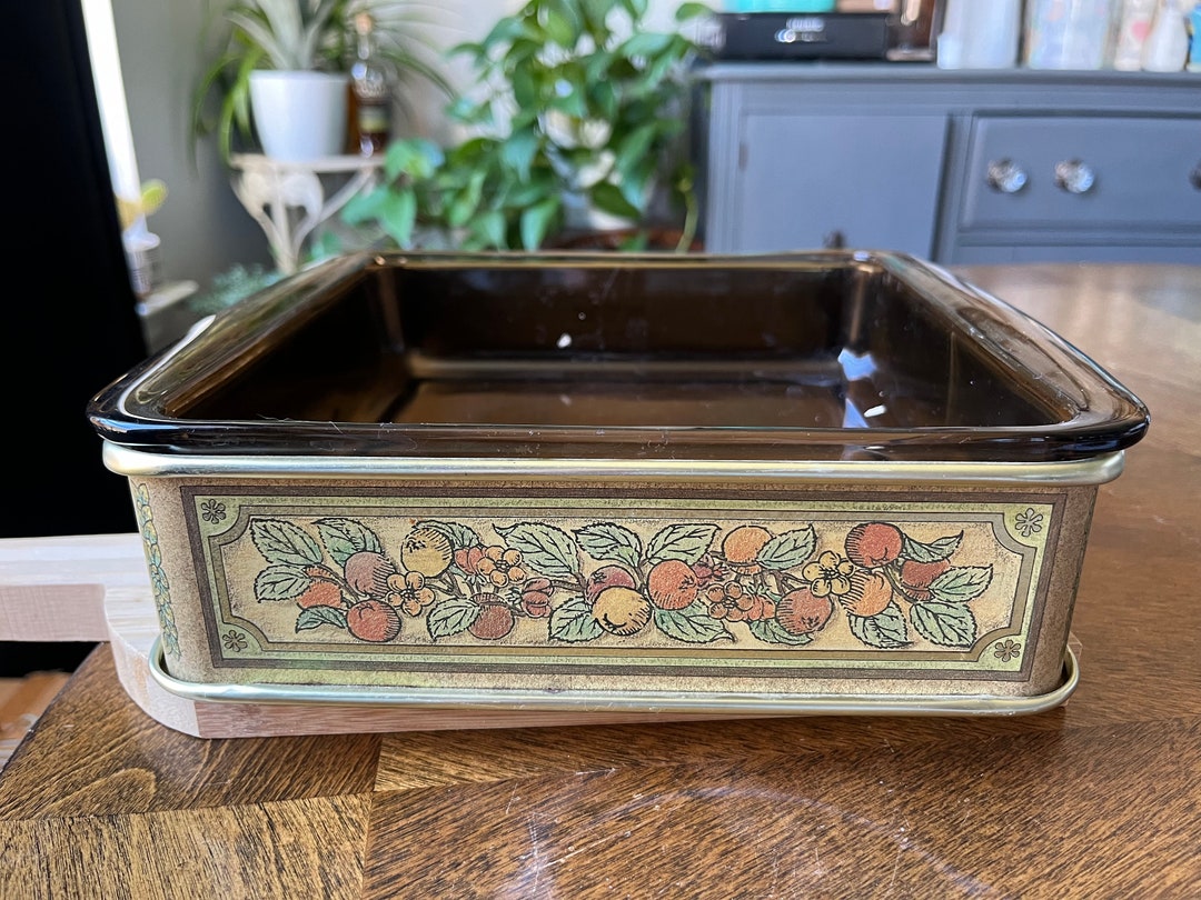Vintage Pyrex Glass Pan With Fruit Decor Metal Holder - Etsy