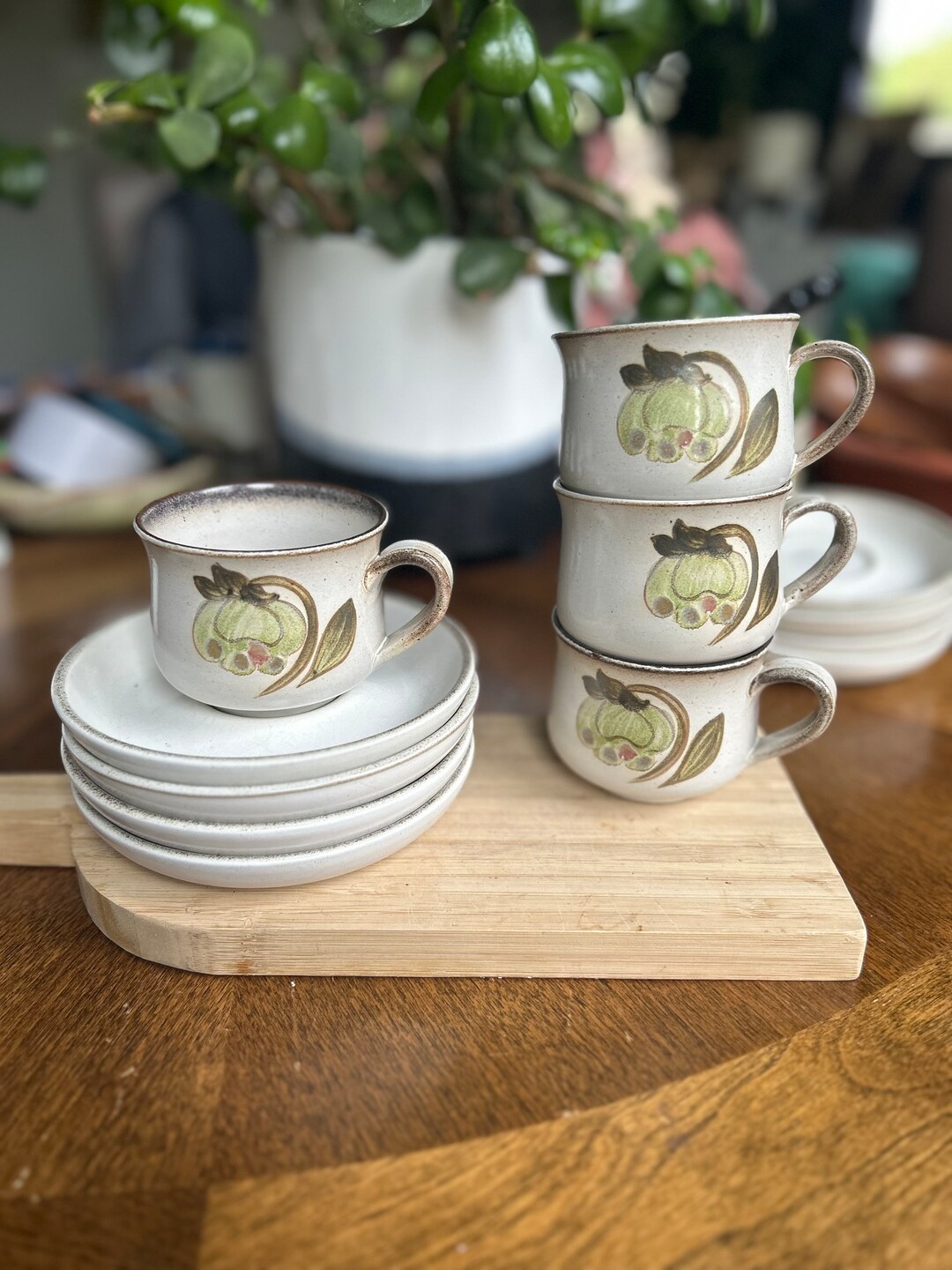 Set of 4 Tea Cups and Saucers Denby Pottery England Troubadour Pattern ...