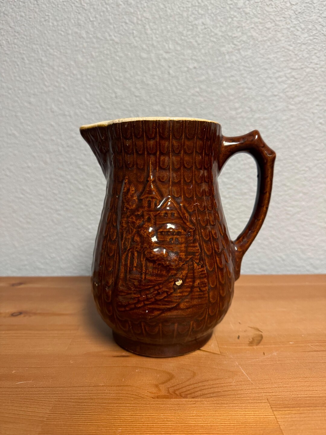 Antique Brown Stoneware Pitcher Brown Glaze Embossed - Etsy