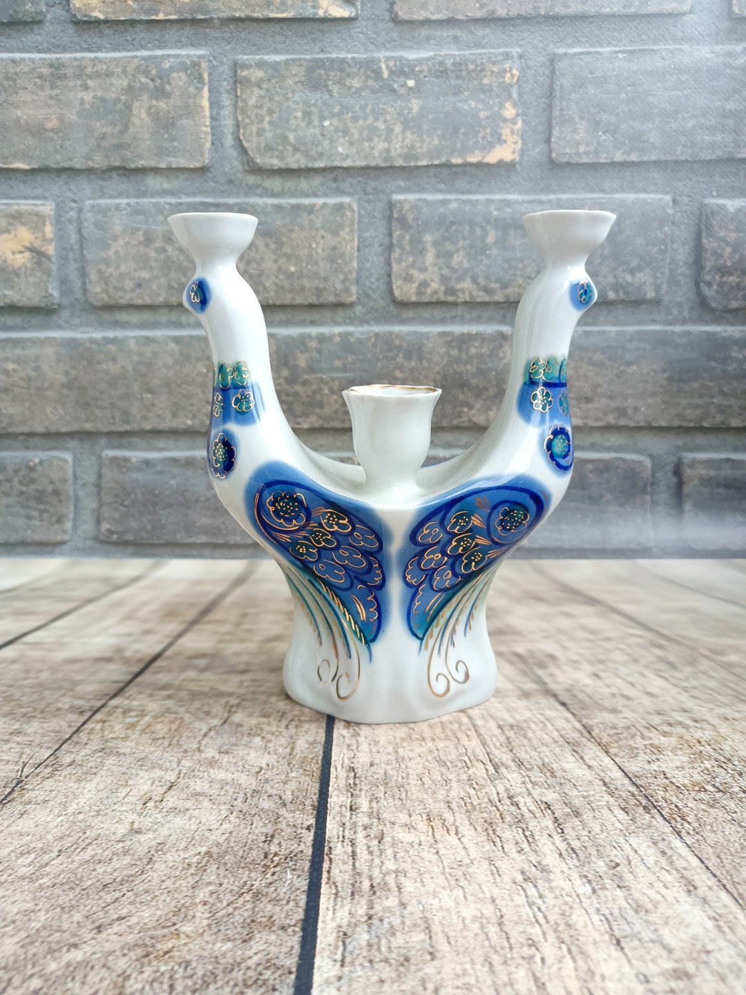 Vintage Porcelain Candlestick With 3 Candles, Hand Painted White and ...