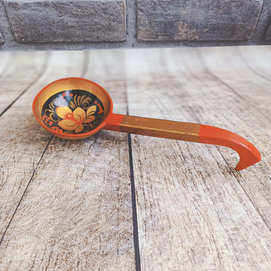 Vintage Russian Khokhloma Lacquered Wood Ladle With Hook Handle ...