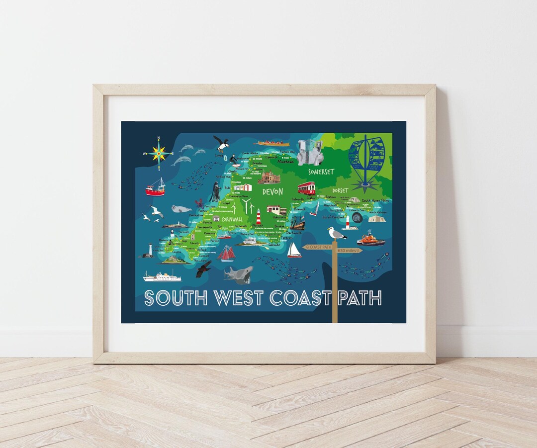 South West Coast Path Illustrated Map: Coastal Walk Art Print - Etsy UK