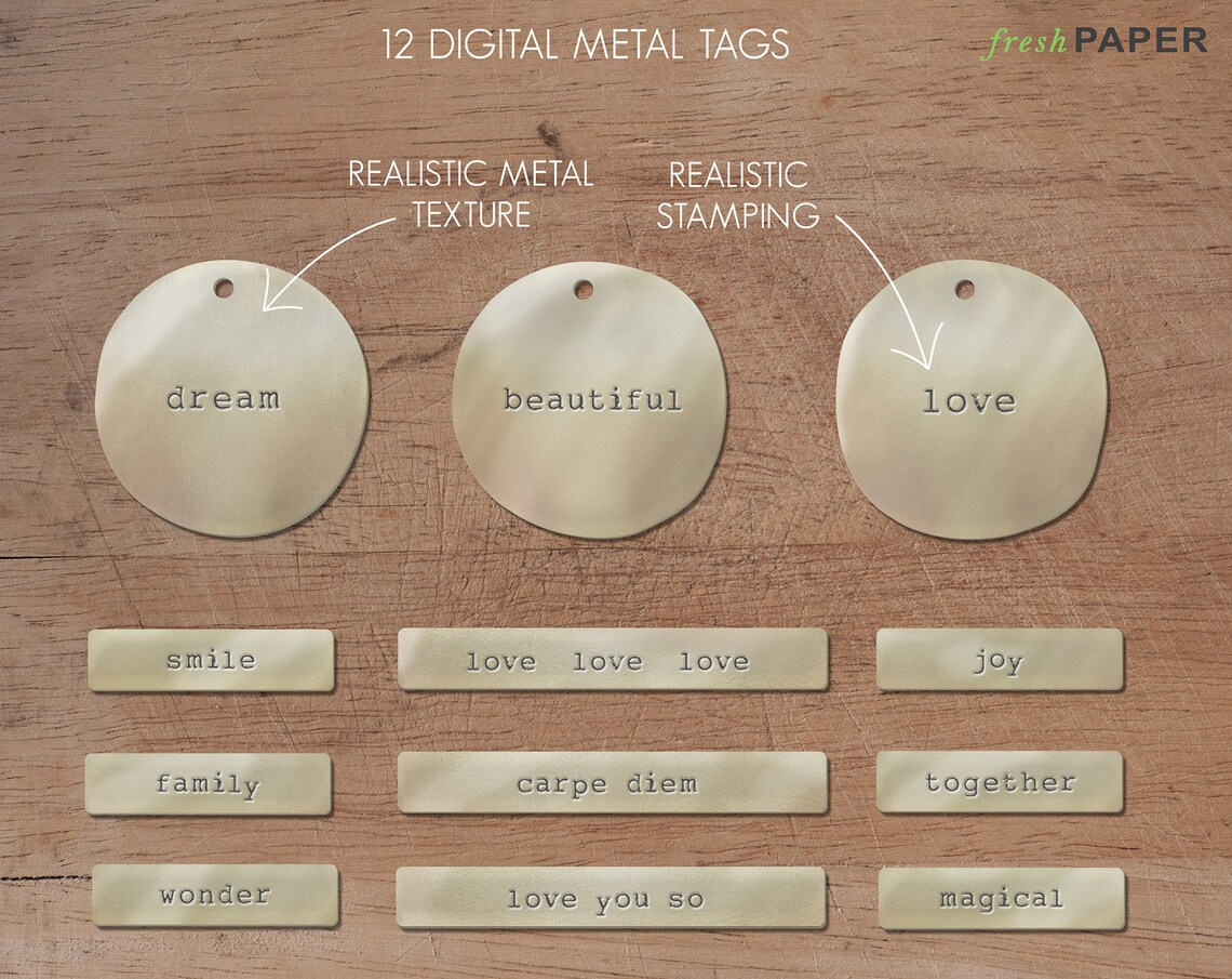 Gold Tags Clipart, Gold Digital Tags, Stamped Metal Tags, Metal Words ...