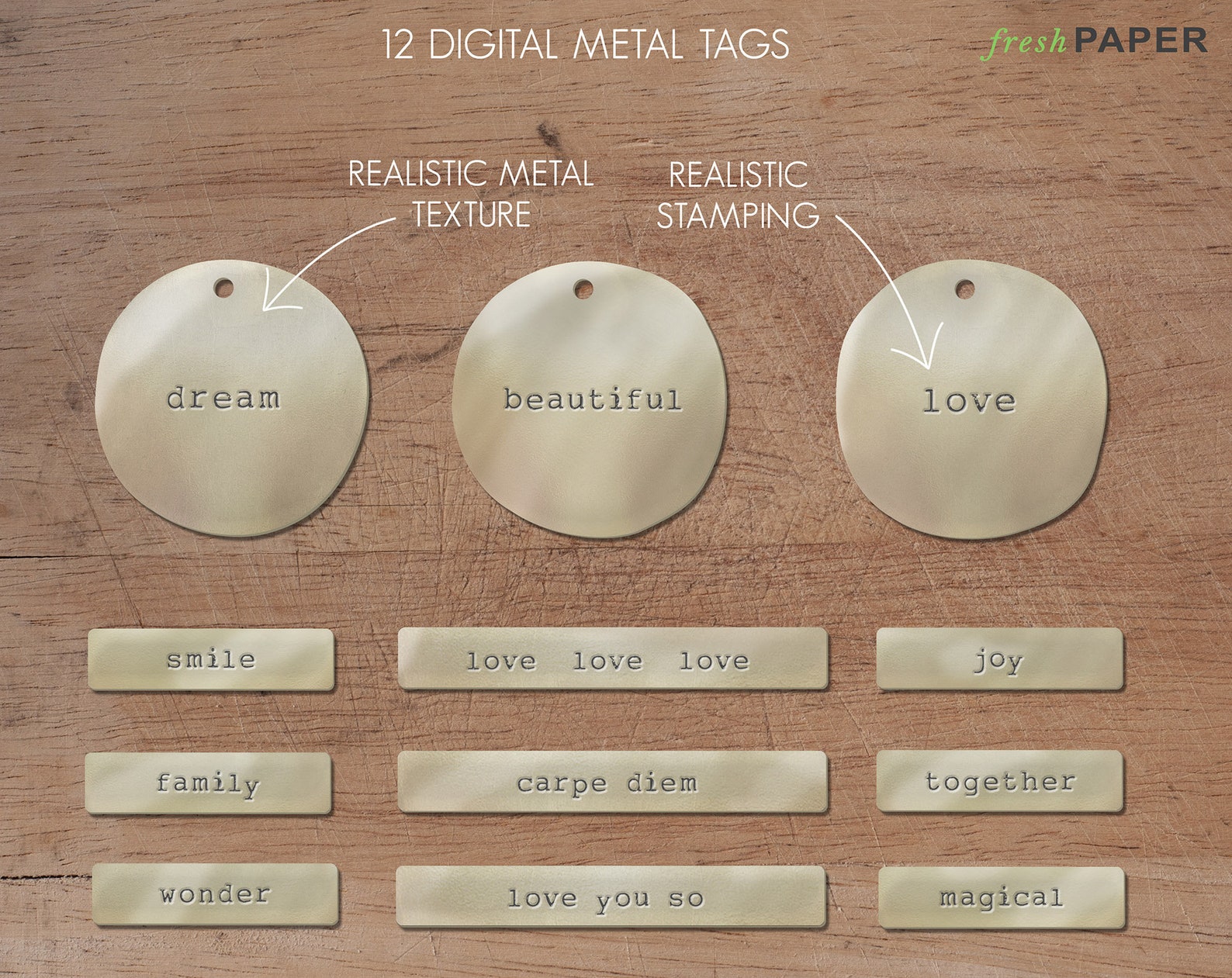 Gold Tags Clipart, Gold Digital Tags, Stamped Metal Tags, Metal Words ...