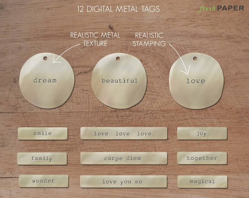 Gold Tags Clipart, Gold Digital Tags, Stamped Metal Tags, Metal Words ...