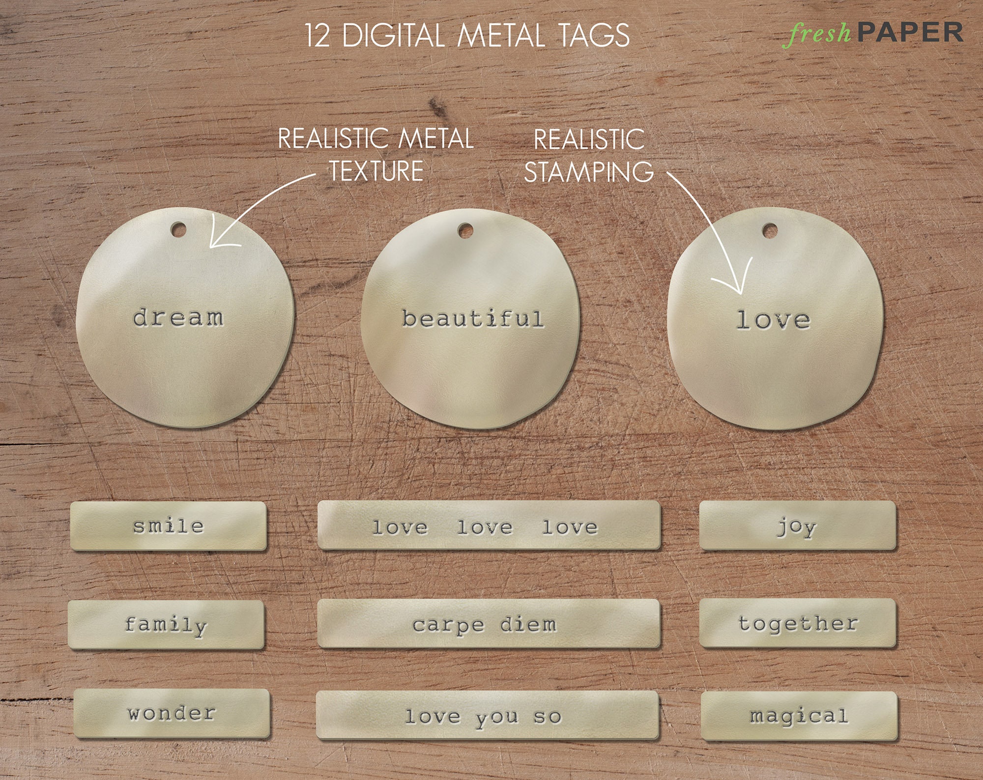 Gold Tags Clipart, Gold Digital Tags, Stamped Metal Tags, Metal Words ...