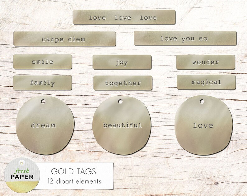 Gold Tags Clipart, Gold Digital Tags, Stamped Metal Tags, Metal Words ...