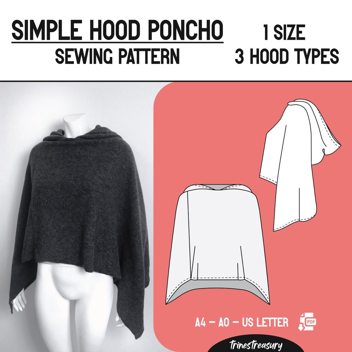 Simple Hooded Poncho Sewing Pattern + Guide (3 Different Hood Shapes ...