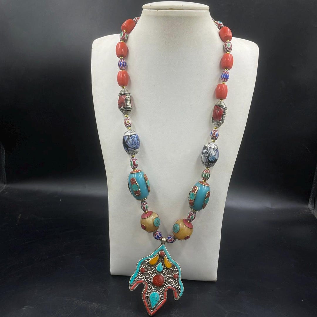 Antique Middle Eastern Brass Necklace: Natural Stone Beads - Etsy