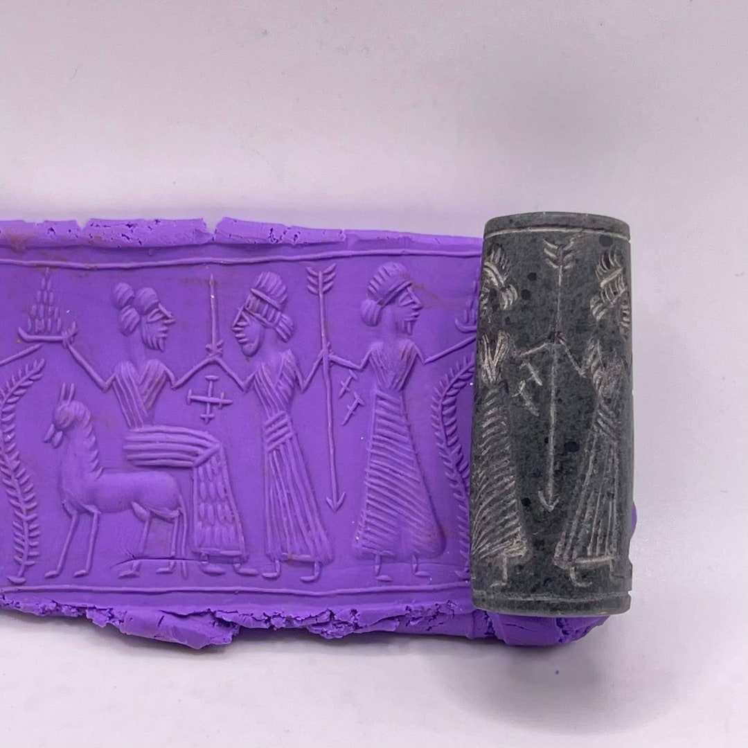 Ancient Near Eastern Stone Cylinder Bead: King, Queen, Animal Intaglio ...