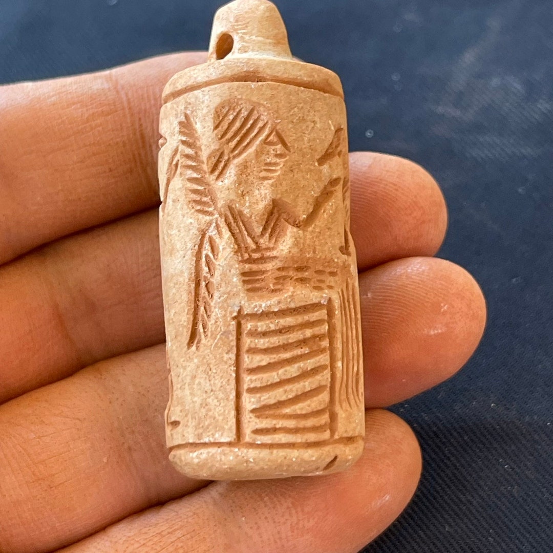 Ancient Stone Cylinder Seal: Roman King & Animal Engravings Amulet ...
