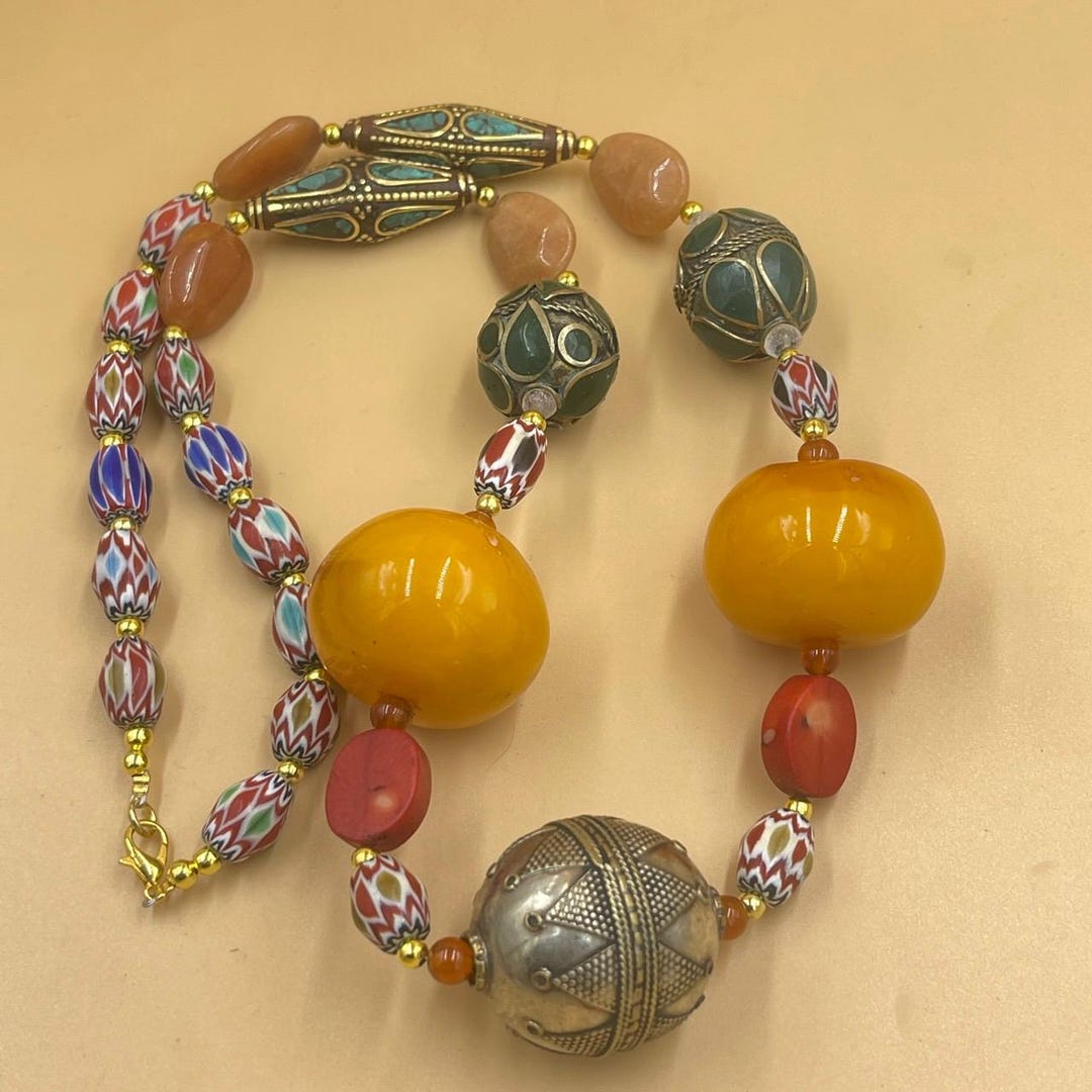 Vintage Kuchi Brass Bead Necklace: Tibetan Stone & Copal - Etsy