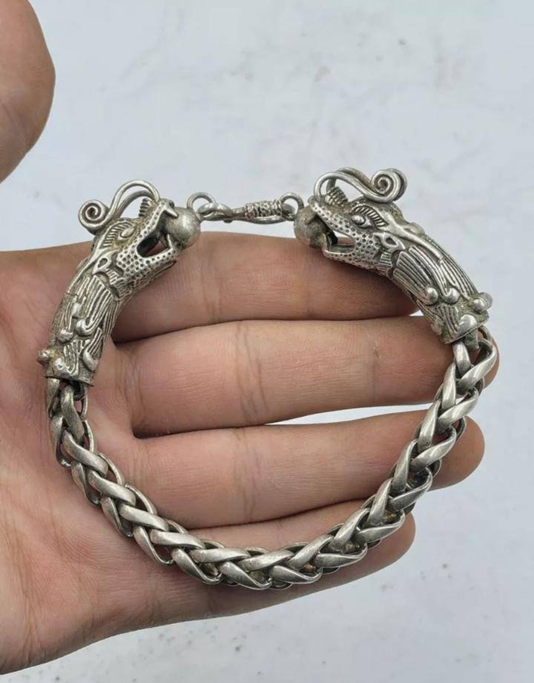 Viking Style Silver Bracelet: Twisted Braid With Snake Heads - Etsy