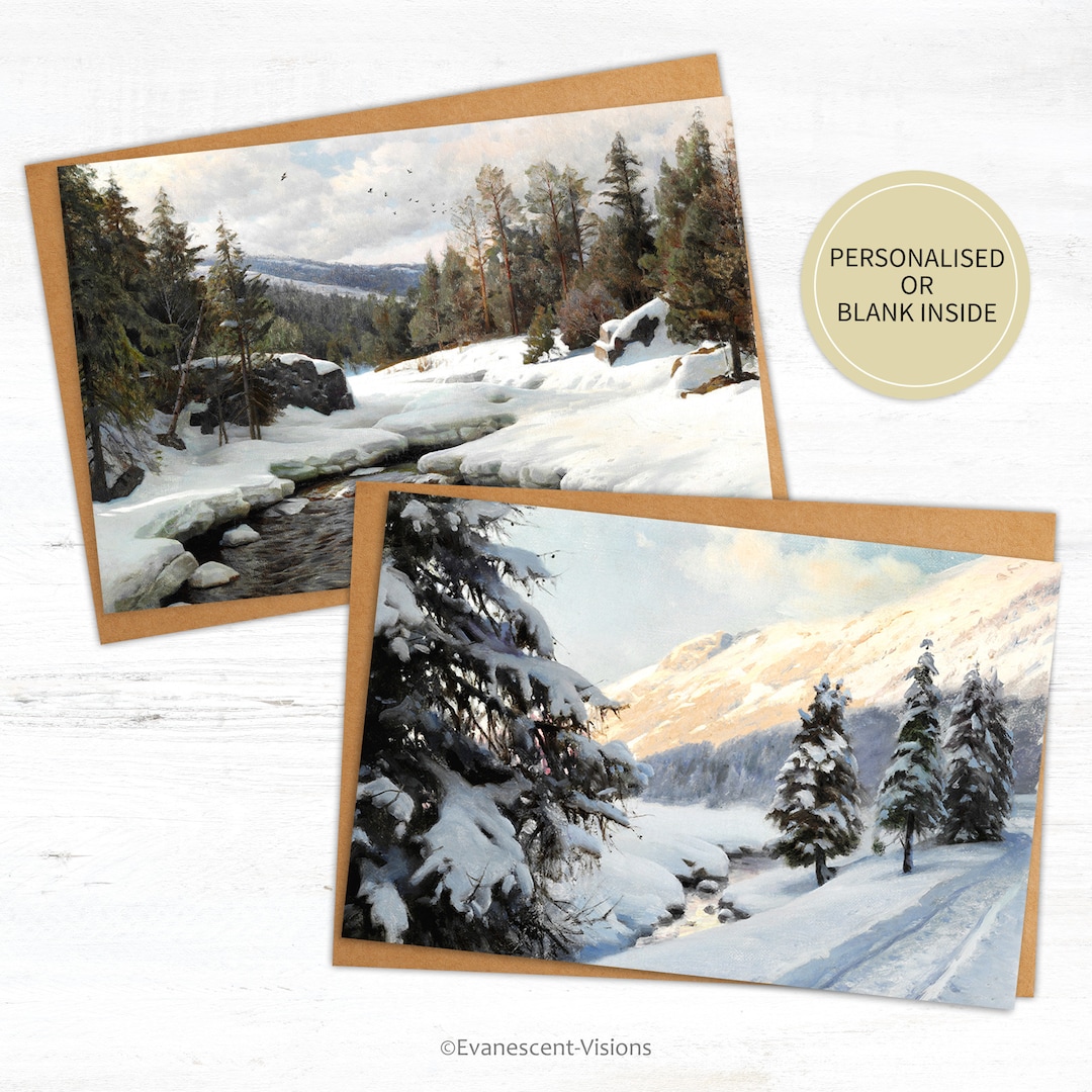 Traditional Winter Holiday Christmas Card, Snow Scene Painting Art ...