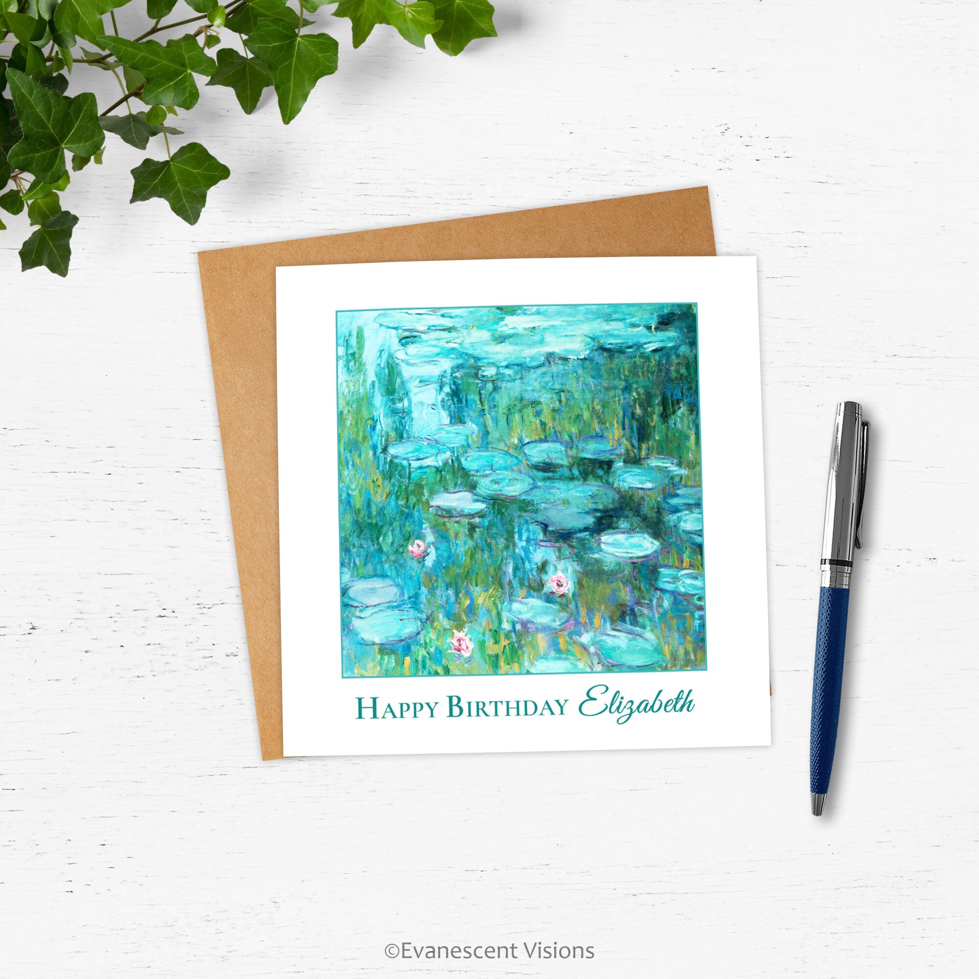 Personalised Birthday Card, Monet Water Lilies Painting Name Card for ...