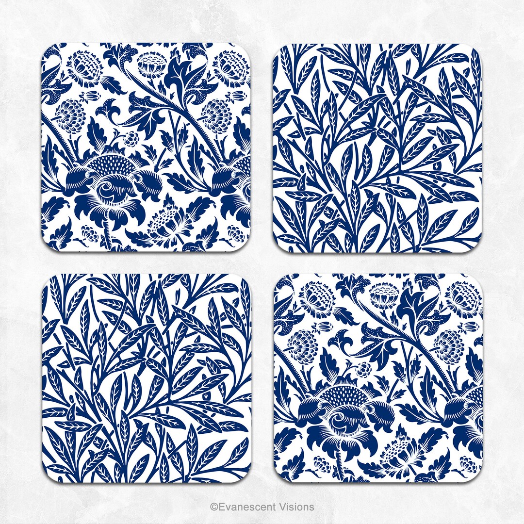 Coaster Set, Set of 4 Vintage Style Blue and White Square Botanical ...