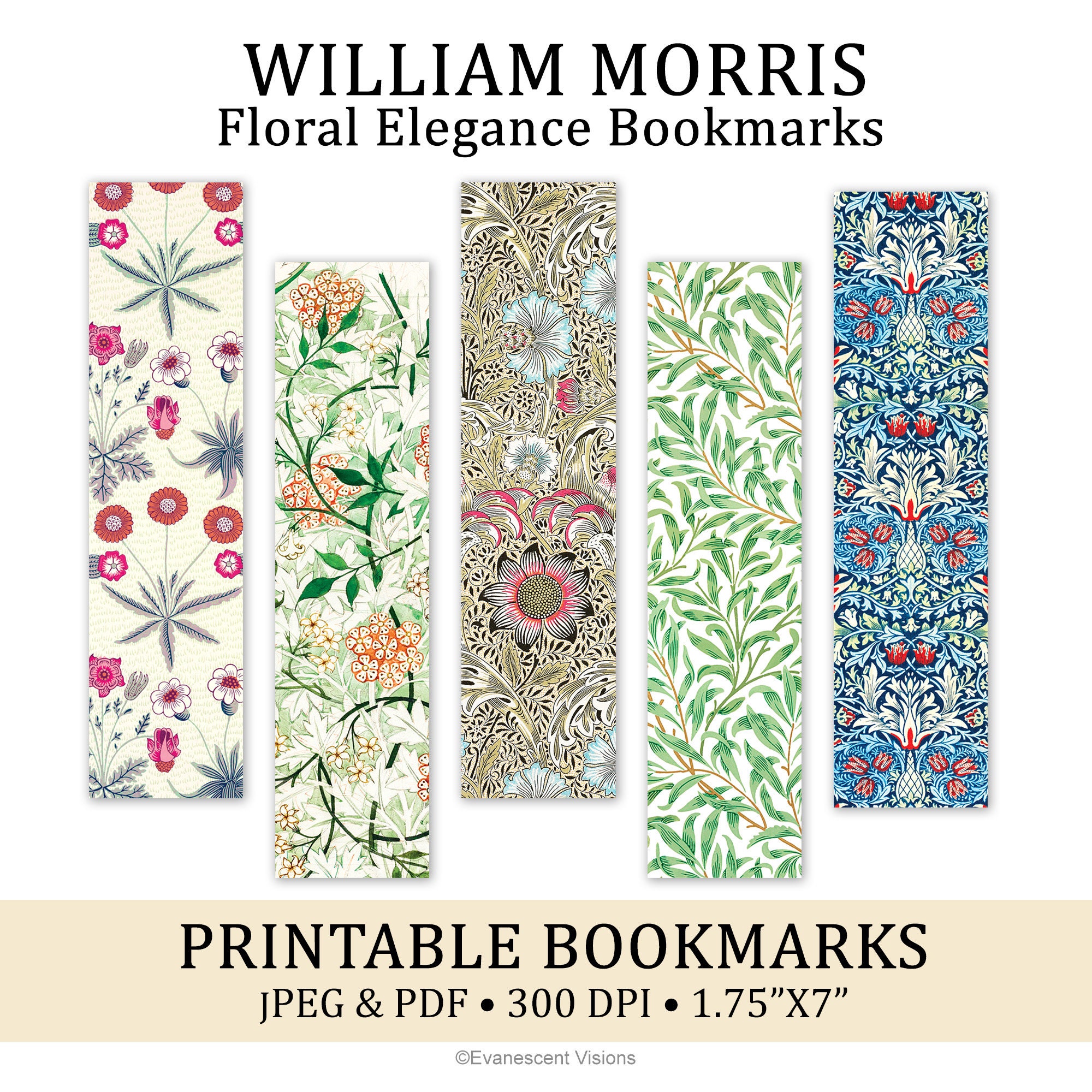Floral Patterns Printable Bookmarks, Digital Bookmark Download, William ...