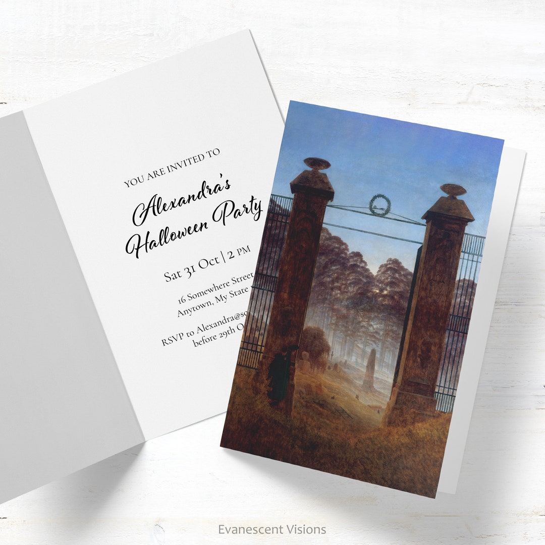 Cemetery Entrance Halloween Invitation Cards, Creepy Gothic Painting ...