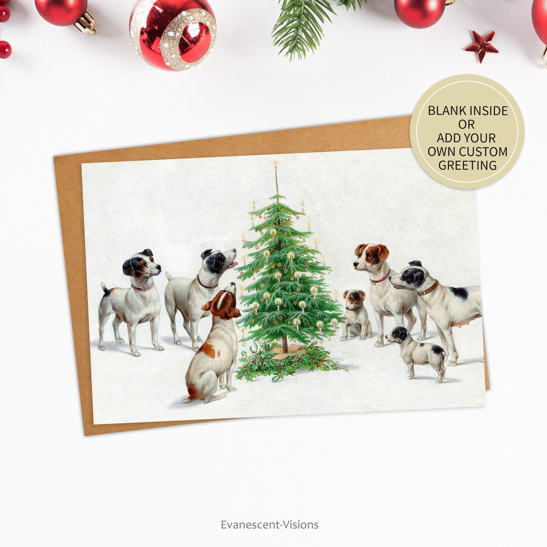 Cute Christmas Card, Dogs Around a Christmas Tree Personalised or Blank ...