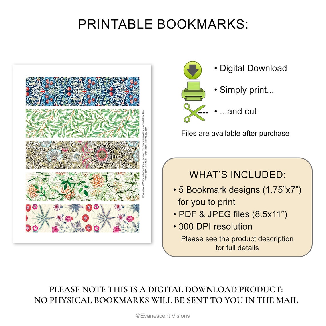 Floral Patterns Printable Bookmarks, Digital Bookmark Download, William ...