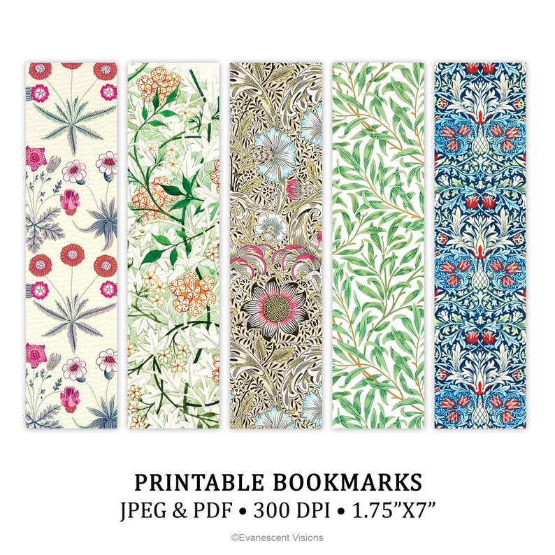Floral Patterns Printable Bookmarks, Digital Bookmark Download, William ...