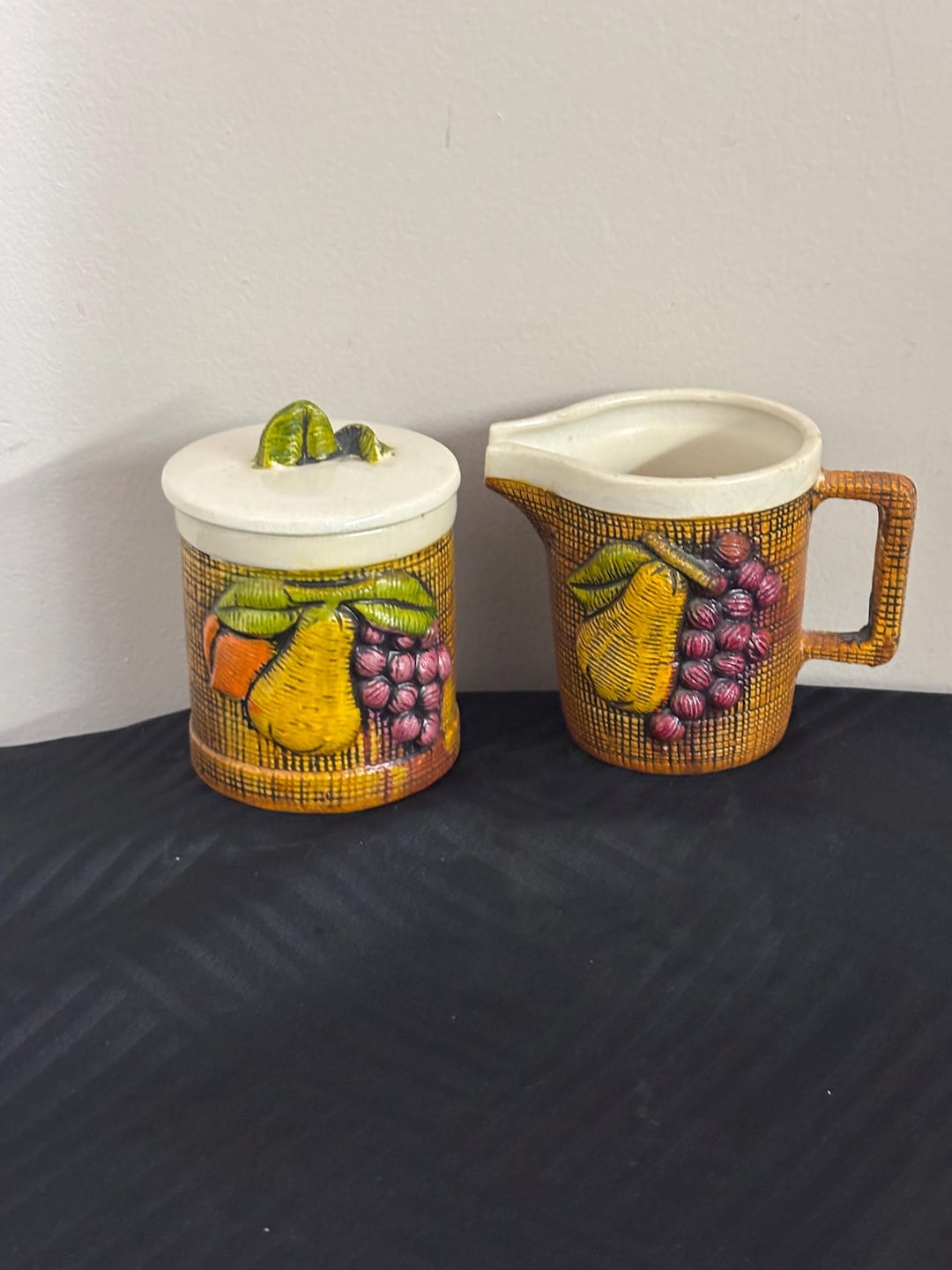 Inarco Ceramics Sugar Bowl and Creamer Set/ Basketweave & Fruit ...