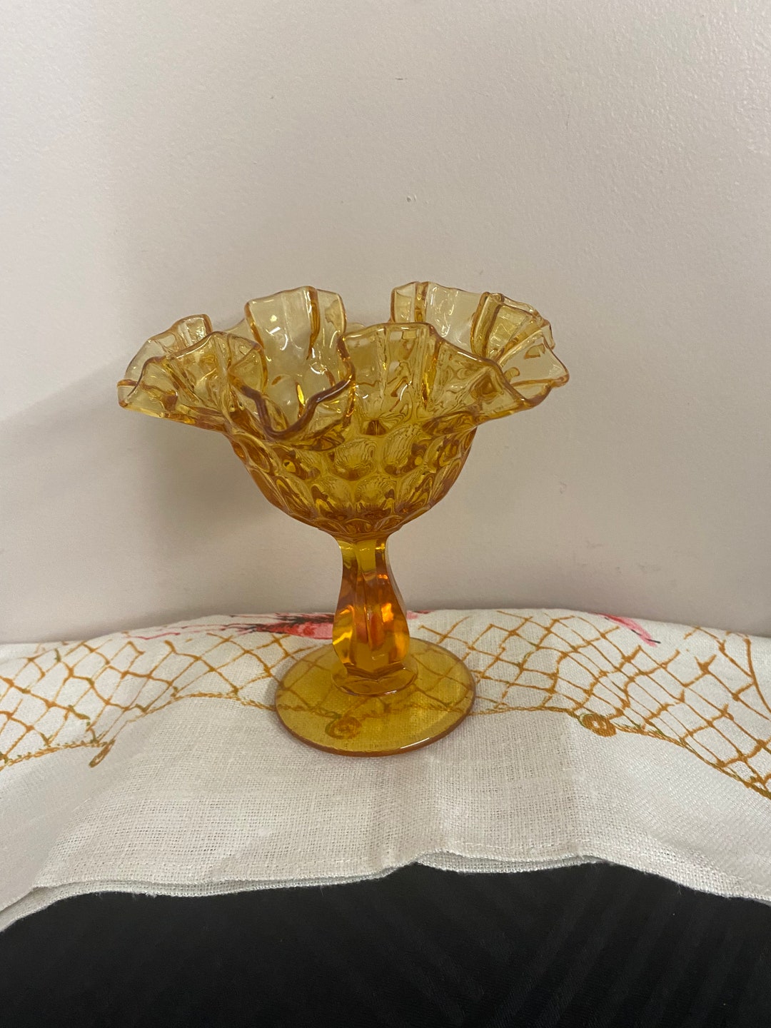Fenton Amber Glass Ruffled Edge Candy Dish / Vintage Fenton Thumbprint ...