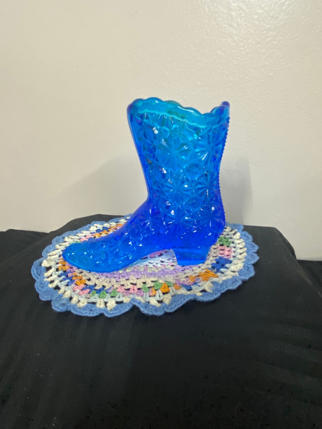 Fenton Blue Glass Daisy and Button Boot - Original Sticker / Vintage ...