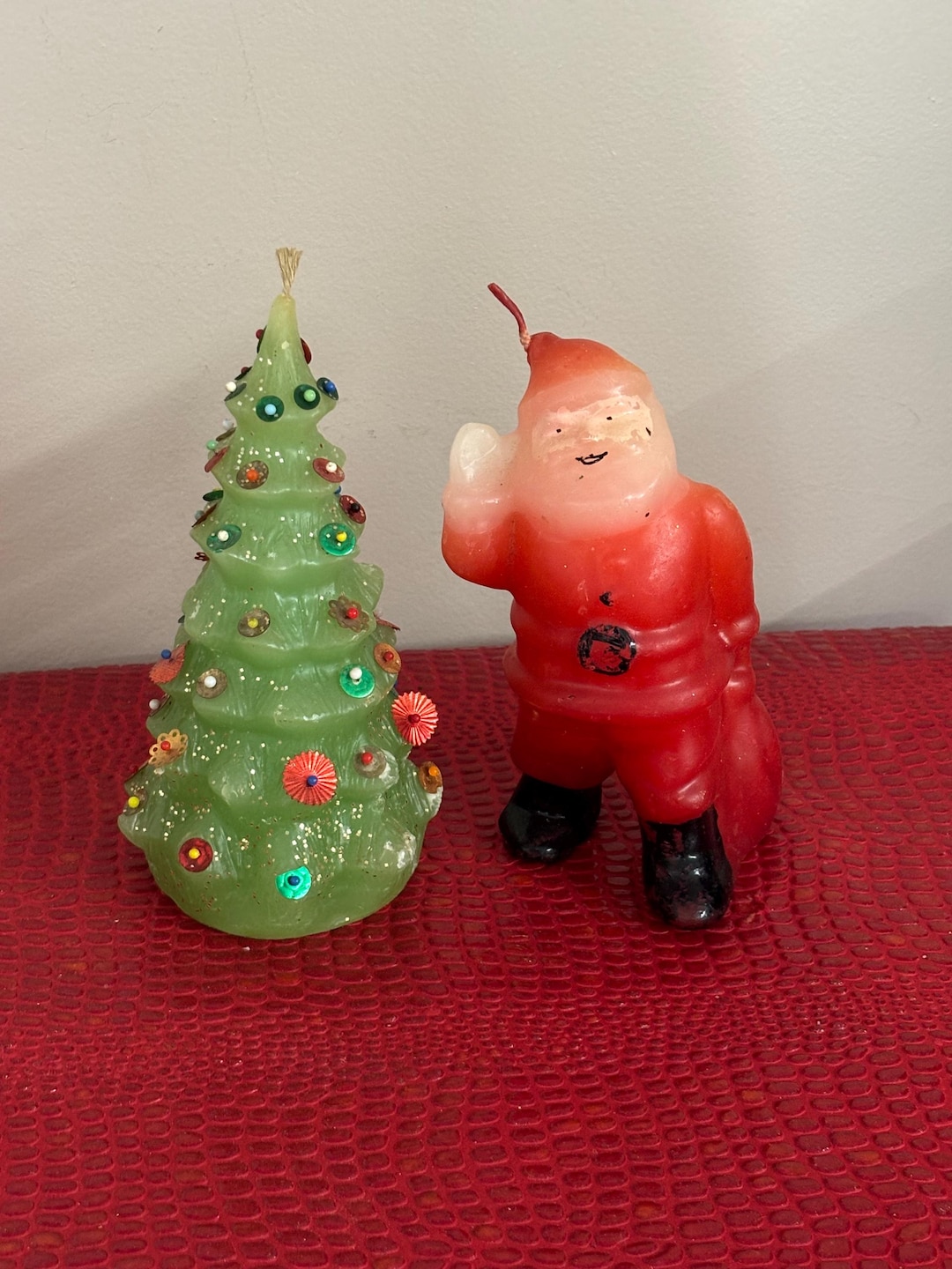 Vintage MCM Santa and Christmas Tree Candles / Santa Candle /glitter ...