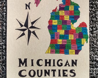 MICHIGAN STATE COUNTIES Map Glossy Poster Picture Photo Print County ...