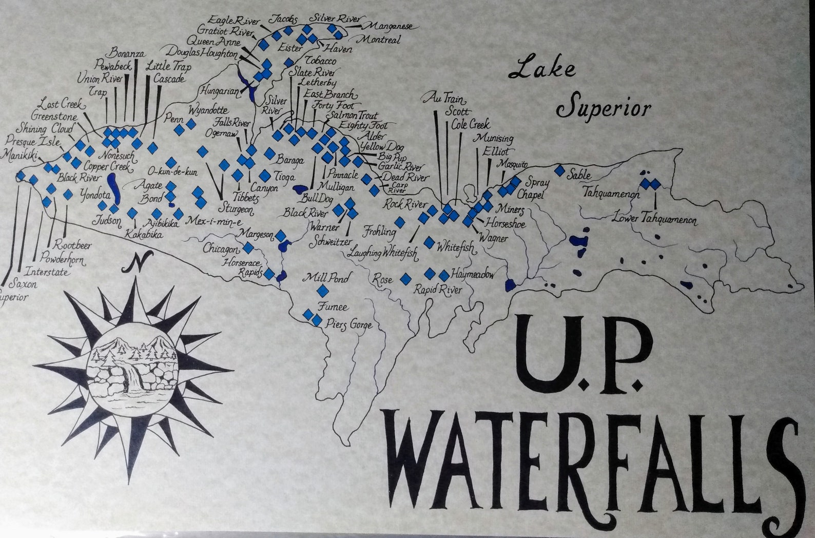 Upper Peninsula Waterfalls Map - Etsy